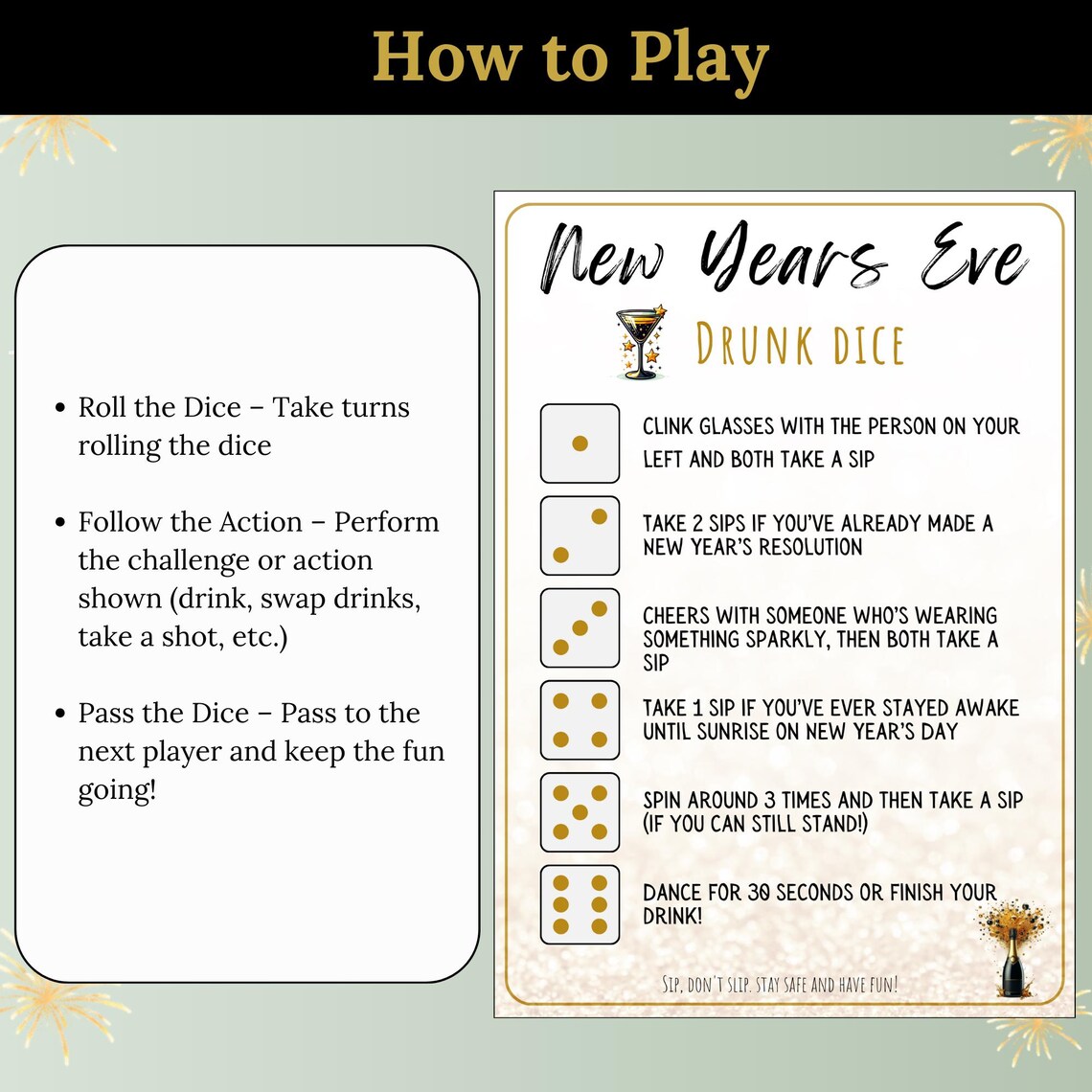 New Years Eve Drinking Dice Game - Fun Printable for NYE Party, New ...