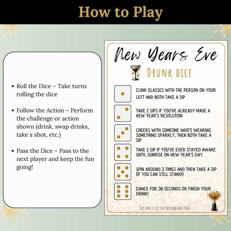 New Years Eve Drinking Dice Game - Fun Printable for NYE Party, New ...
