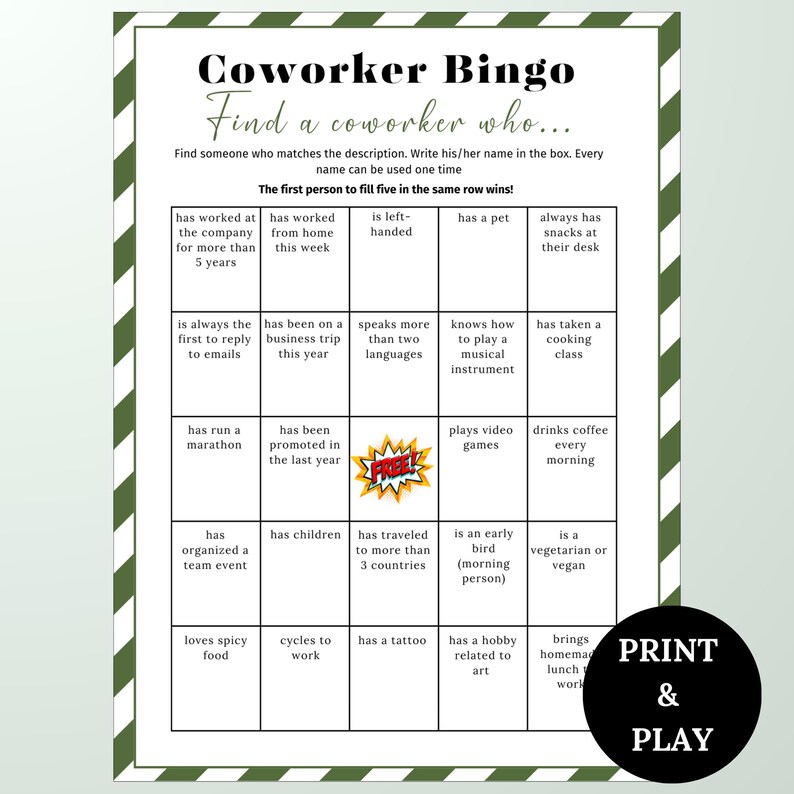 Coworker Bingo Printable – Ice Breaker, Get to Know You, Find Someone ...