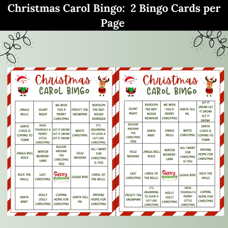 Christmas Carol Bingo Printable, 20 Music Bingo Cards, Fun Christmas ...