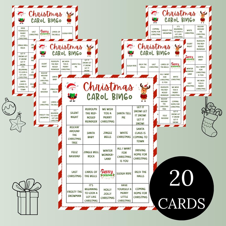 Christmas Carol Bingo Printable, 20 Music Bingo Cards, Fun Christmas ...