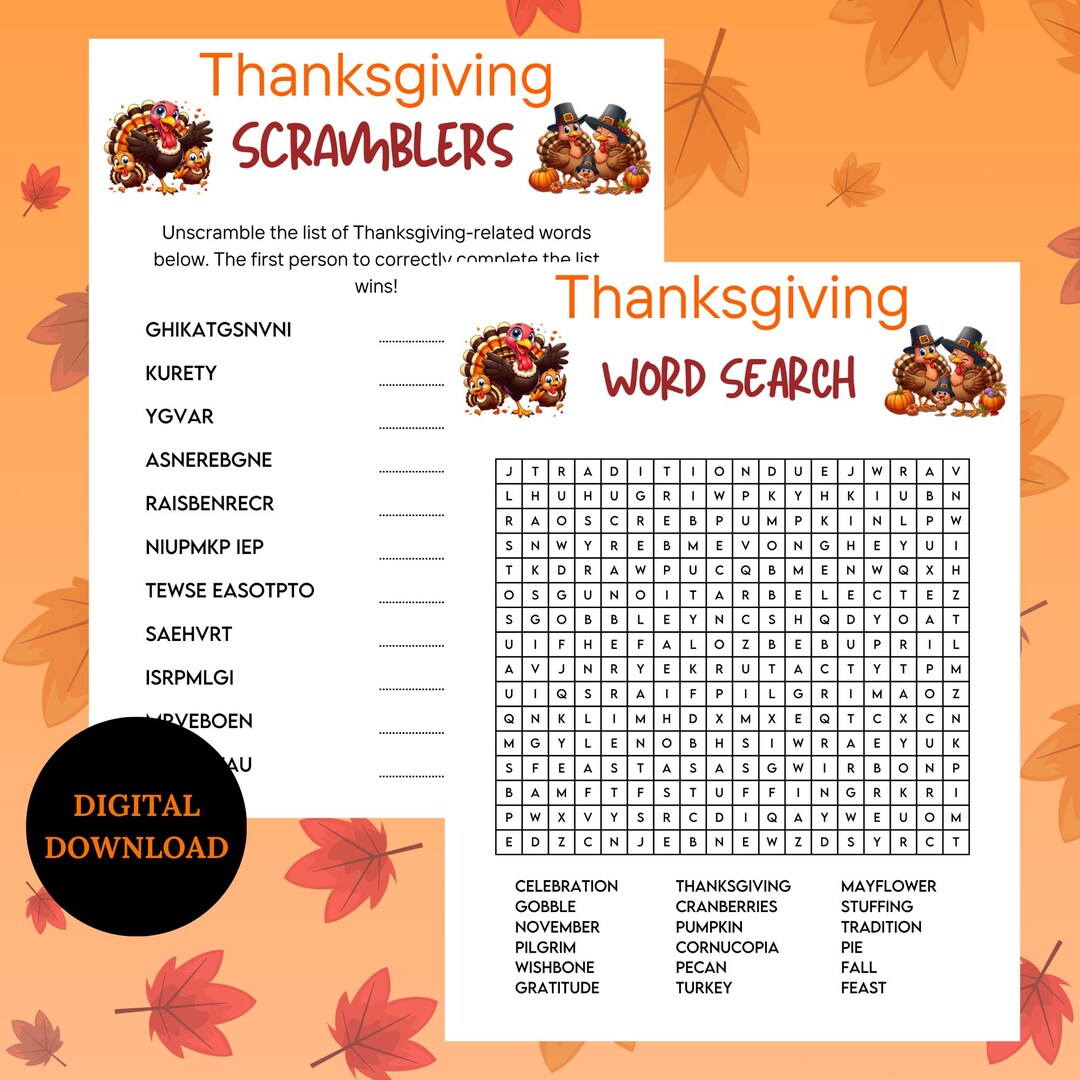 Thanksgiving Word Search and Scramblers Printable Game Set – Fun ...