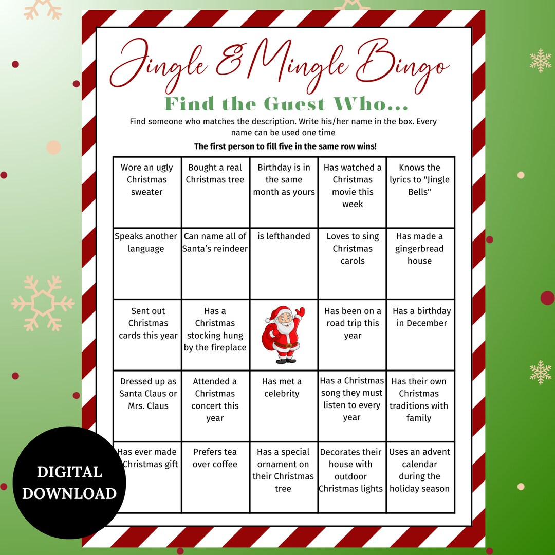 Christmas Jingle and Mingle Bingo, Family Reunion Game, Getting to Know ...