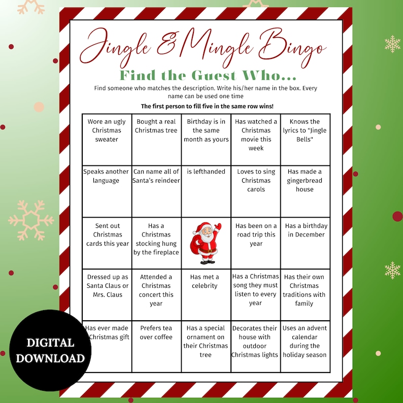 Christmas Jingle and Mingle Bingo, Family Reunion Game, Getting to Know ...