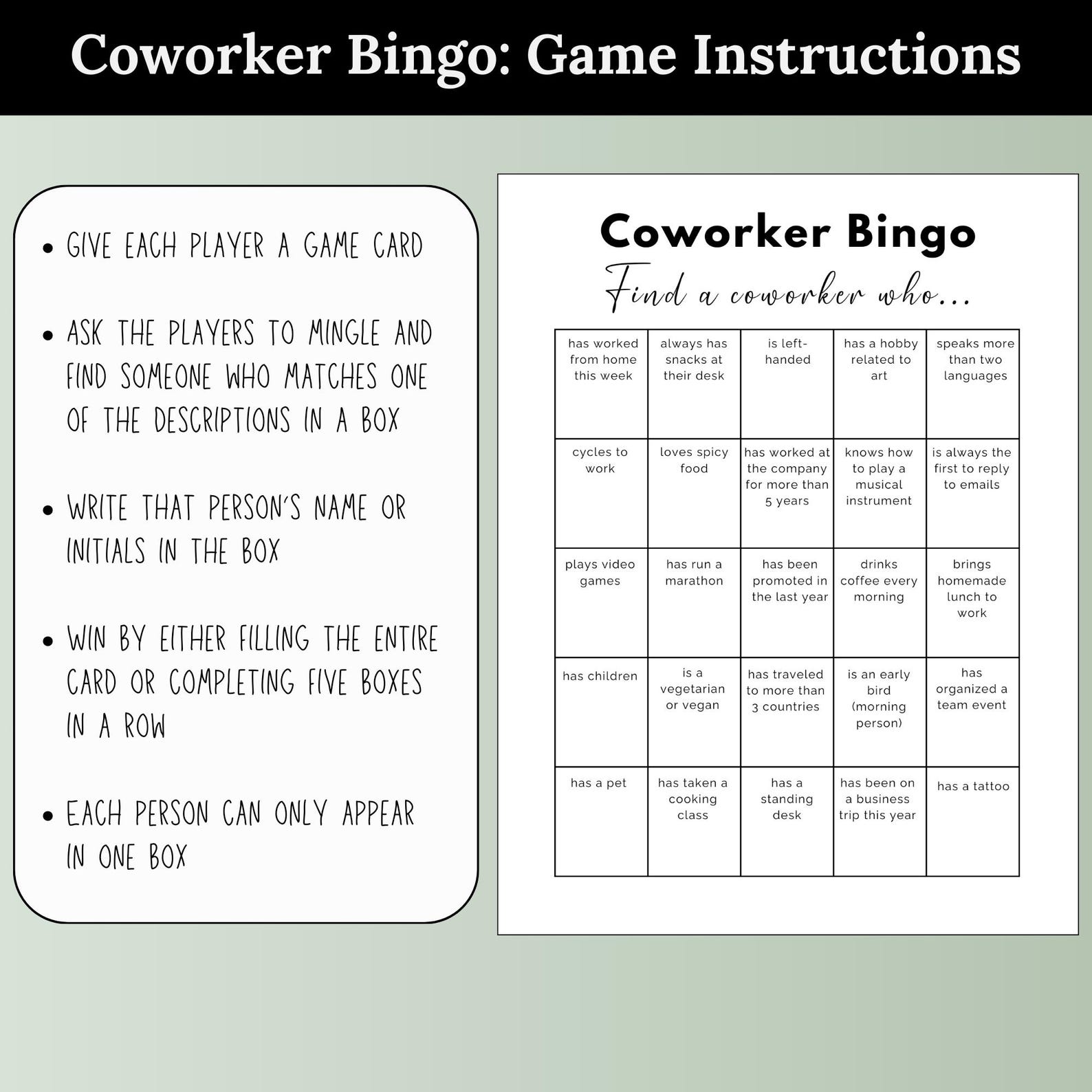 Coworker Bingo Printable, Team Building Game, Fun Office Activity ...