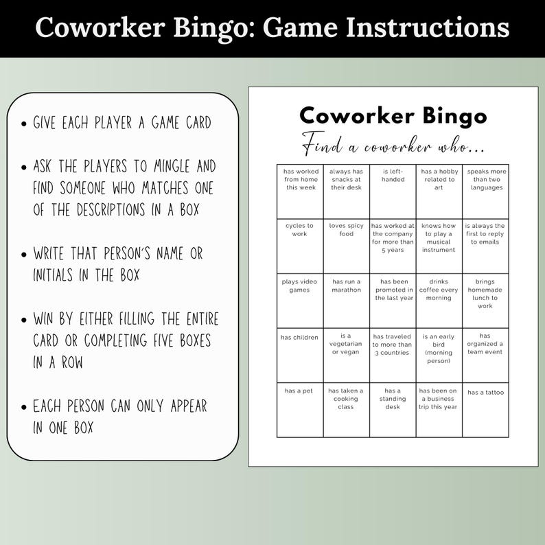 Coworker Bingo Editable Employee Bingo Game, Fun Getting to Know You ...