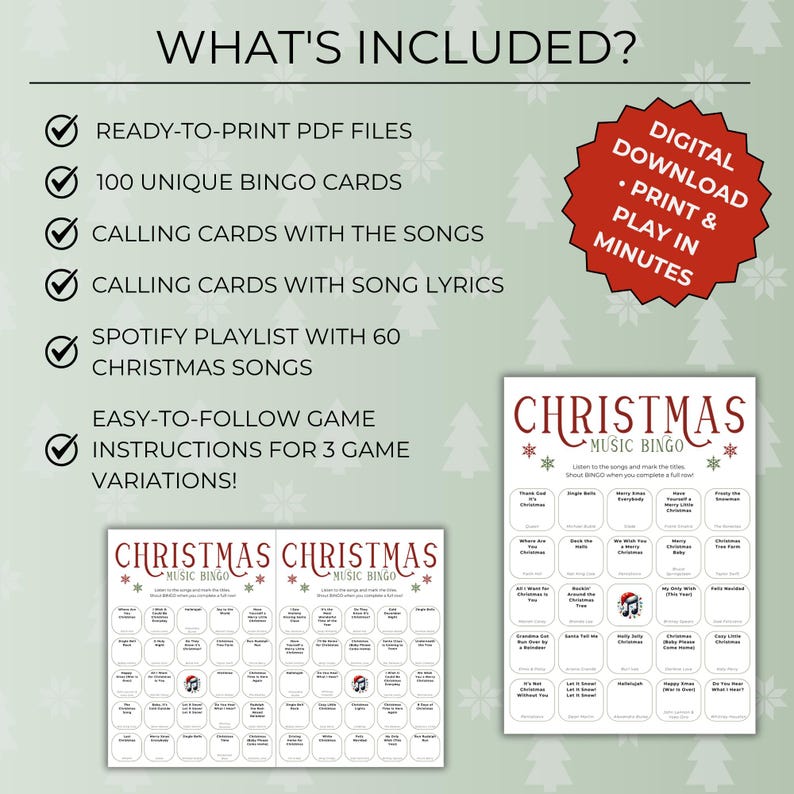 Christmas Music Bingo, 100 Unique Printable Cards, Fun Party Game for ...