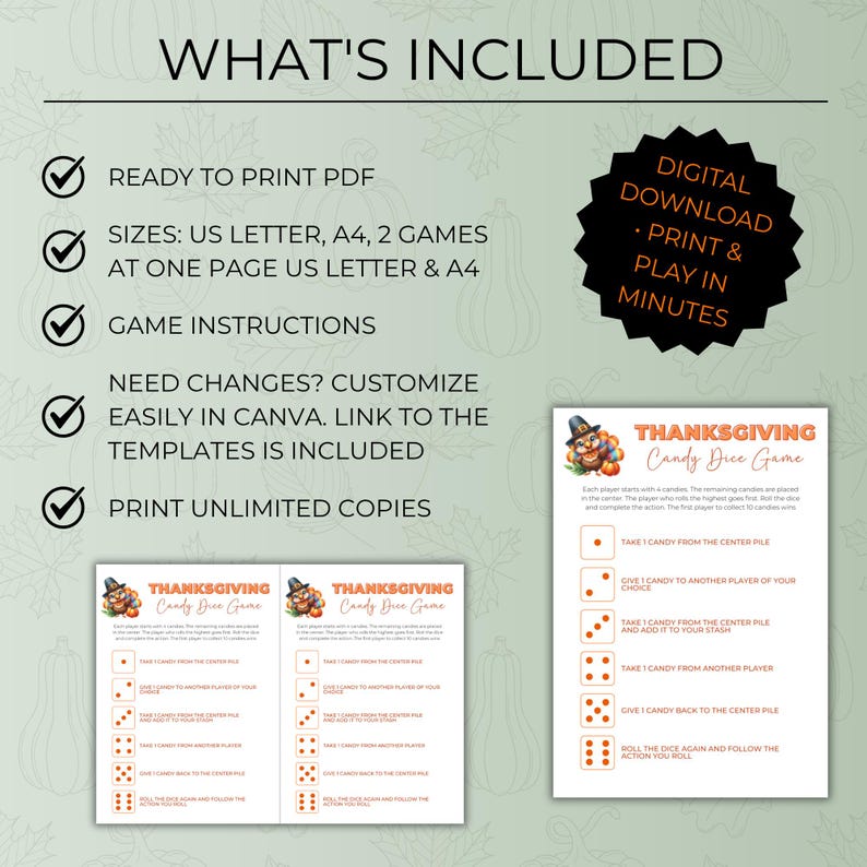 Thanksgiving Candy Dice Game, Printable & Editable Canva Template ...