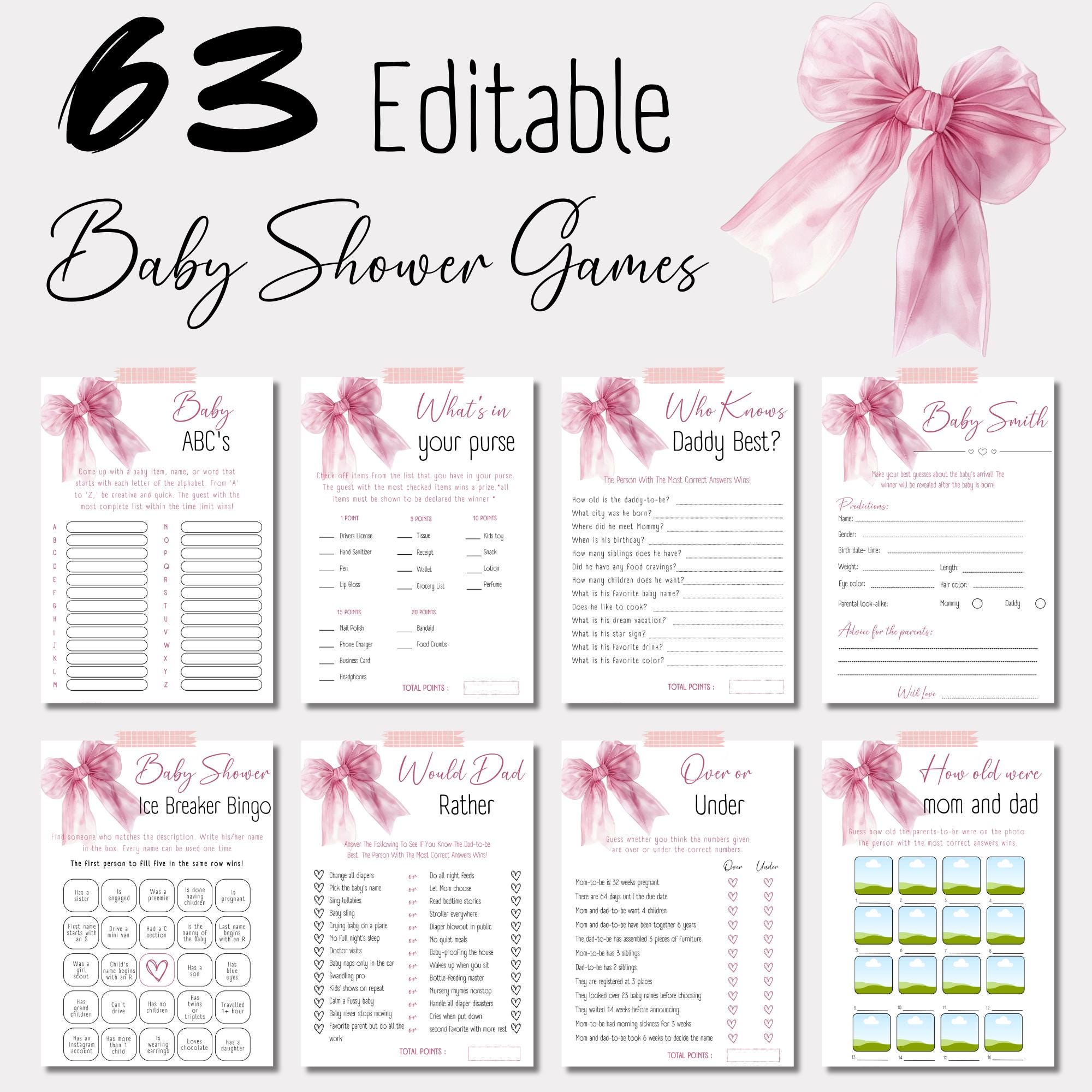 Pink Bow Baby Shower Games Bundle, Editable Instant Download Games for ...