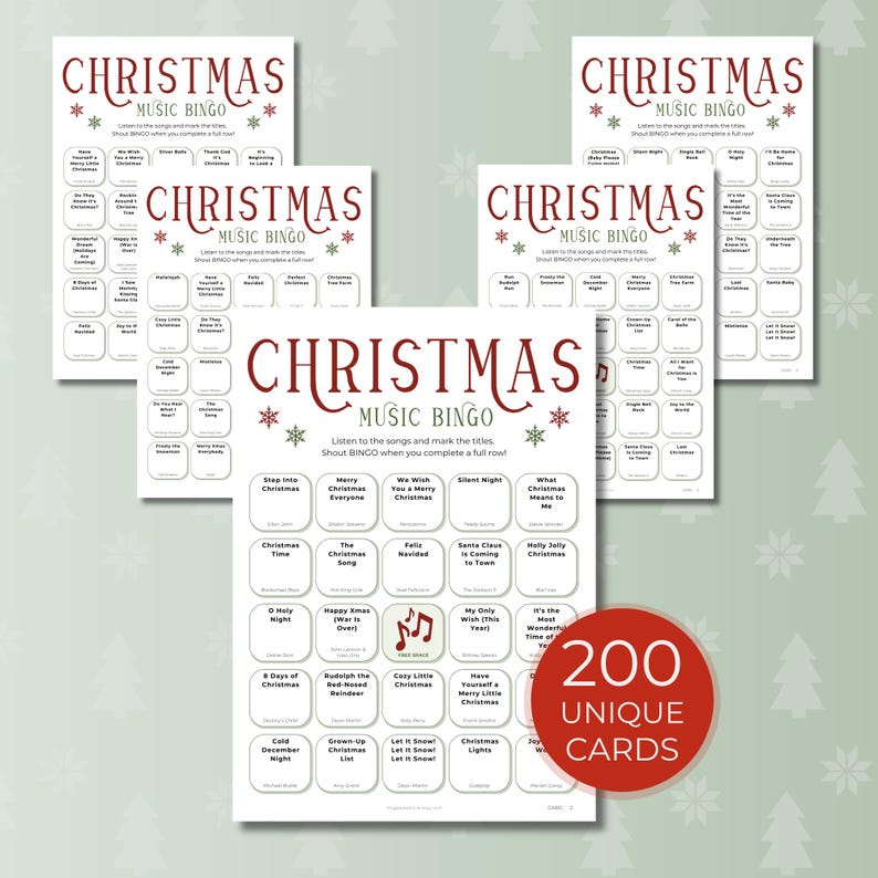 Christmas Carol Bingo, 200 Printable Cards for Holiday Fun, Family Game ...