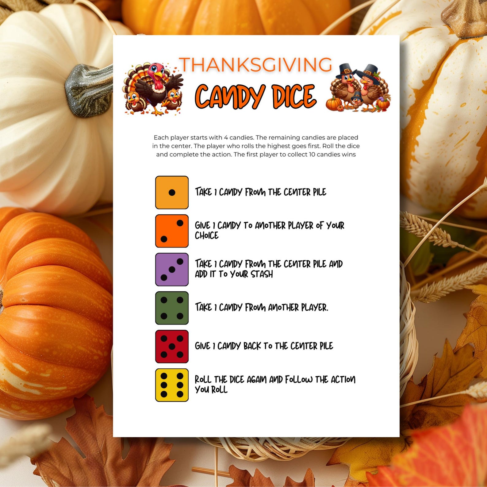 Thanksgiving Candy Dice Game Printable, Fun Family Thanksgiving Game ...