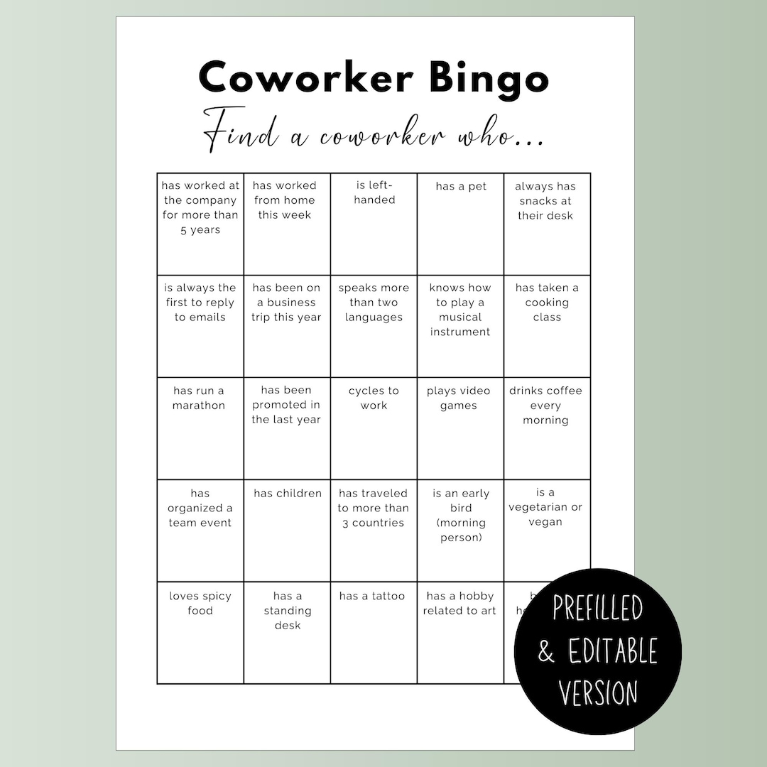 Coworker Bingo Editable Employee Bingo Game, Fun Getting to Know You ...