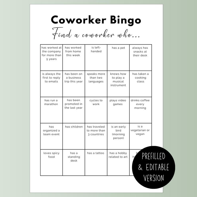 Coworker Bingo Printable, Team Building Game, Fun Office Activity ...
