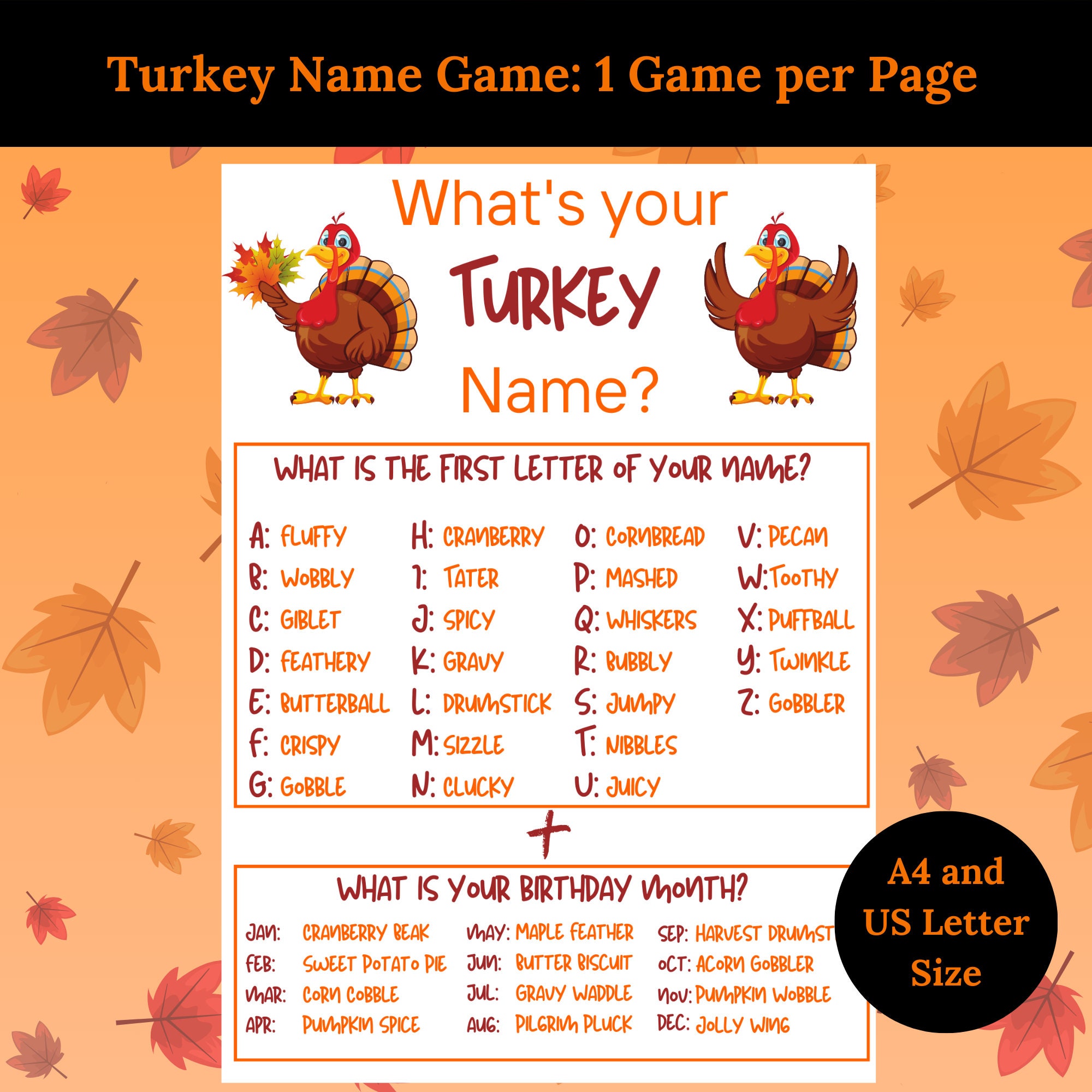 Thanksgiving "what's Your Turkey Name" Game, Fun Thanksgiving ...