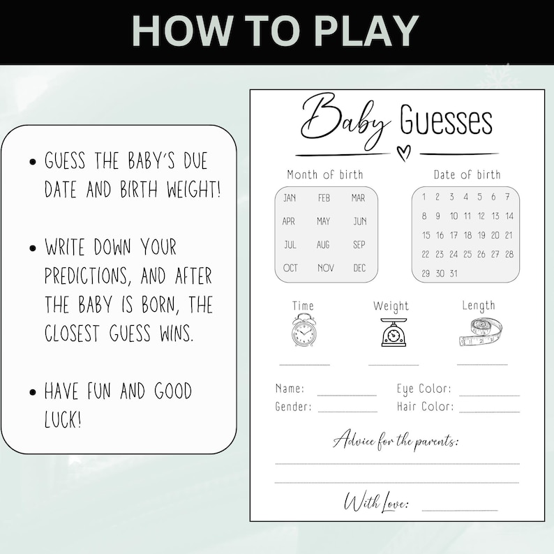 Guess the Due Date and Weight, Baby Shower Game, Guess Baby's Gender ...