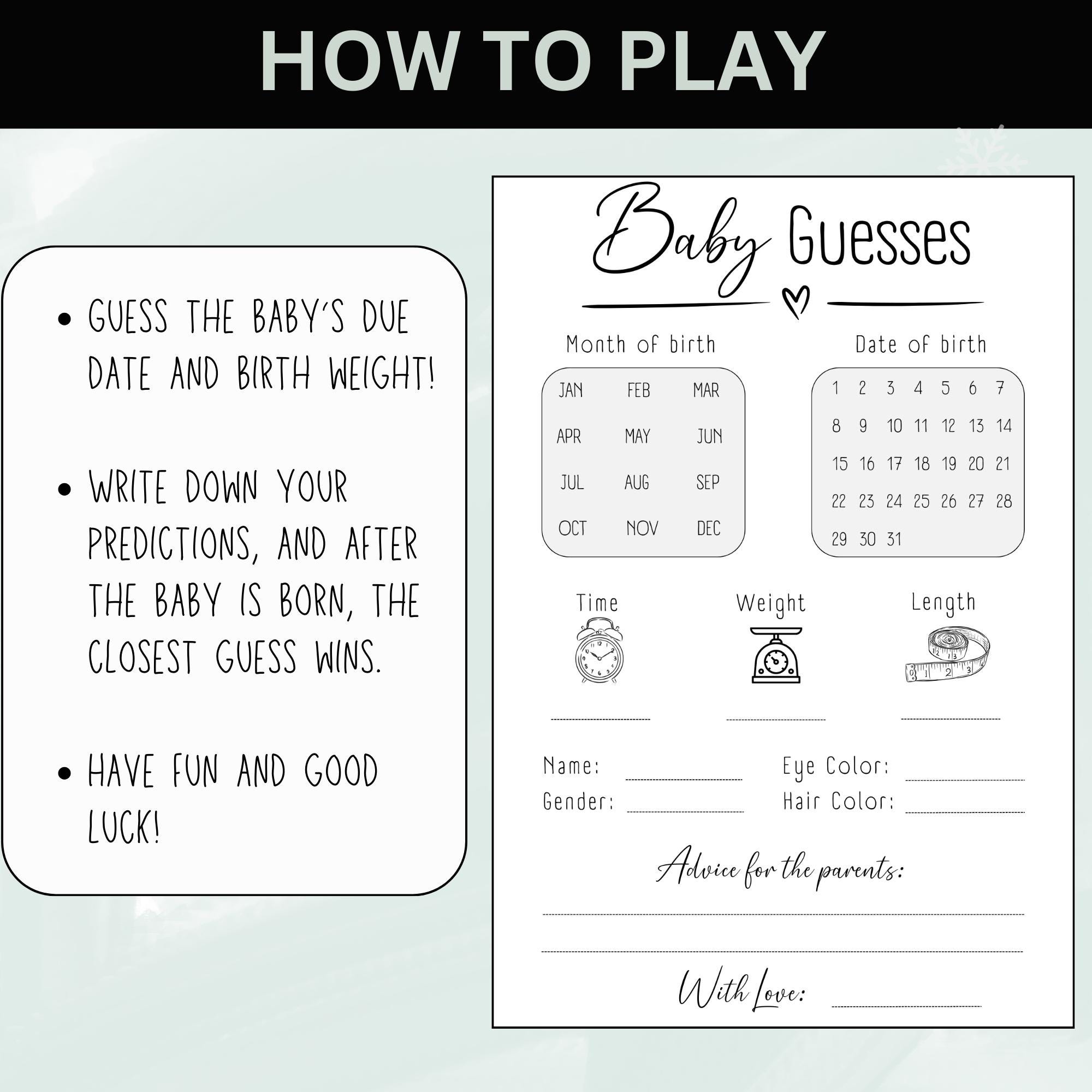 Guess the Due Date and Weight, Baby Shower Game, Guess Baby's Gender ...