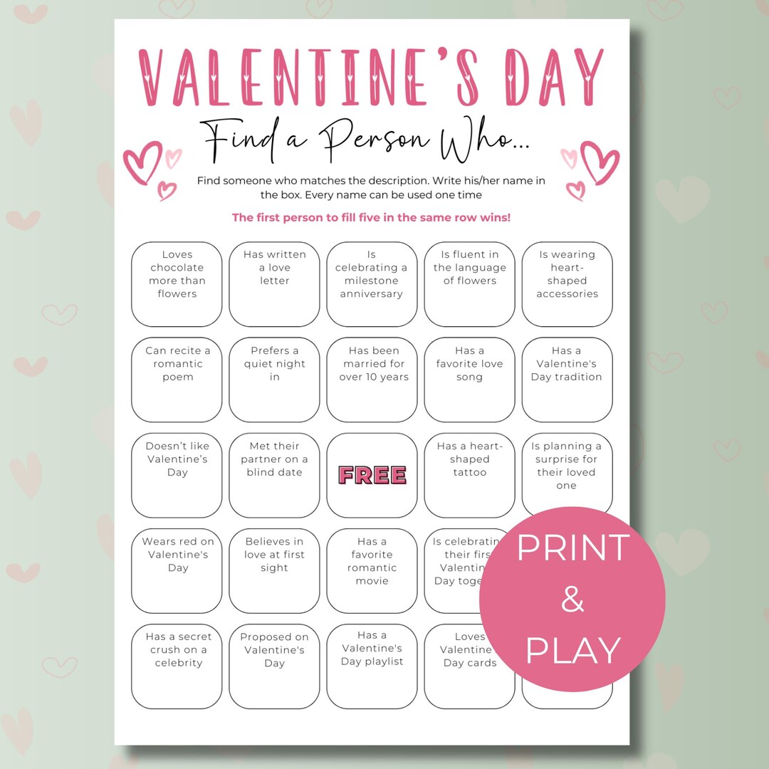 Valentine’s Day Bingo Printable, Editable Find the Guest Game, Fun ...