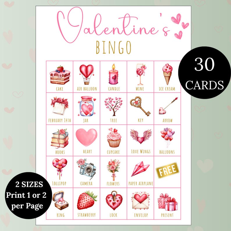 Valentines Day Bingo - 30 Fun Bingo Cards, Valentine Printable Games ...