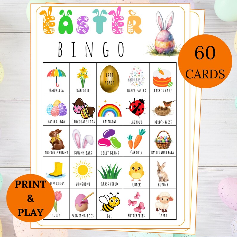 Easter Bingo Set, 60 Printable Cards for Kids, Fun Holiday Game ...