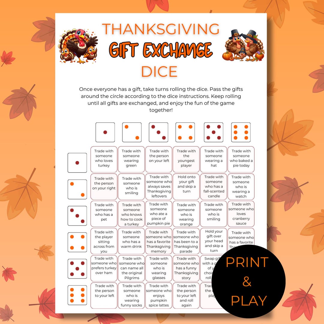 Thanksgiving Dice Game,fun Printable Friendsgiving Game, White Elephant ...