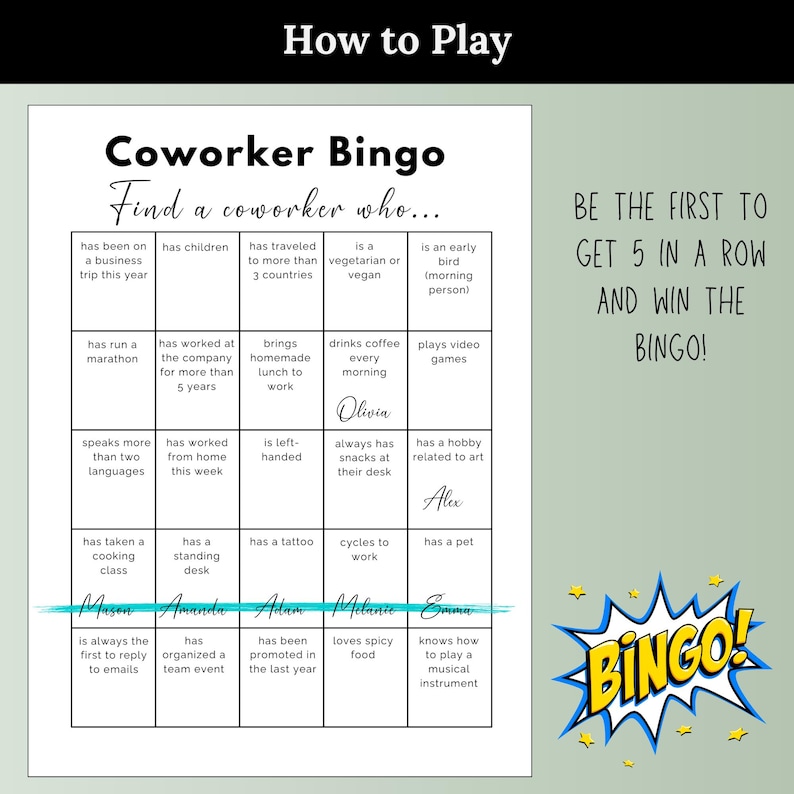 Coworker Bingo Editable Employee Bingo Game, Fun Getting to Know You ...
