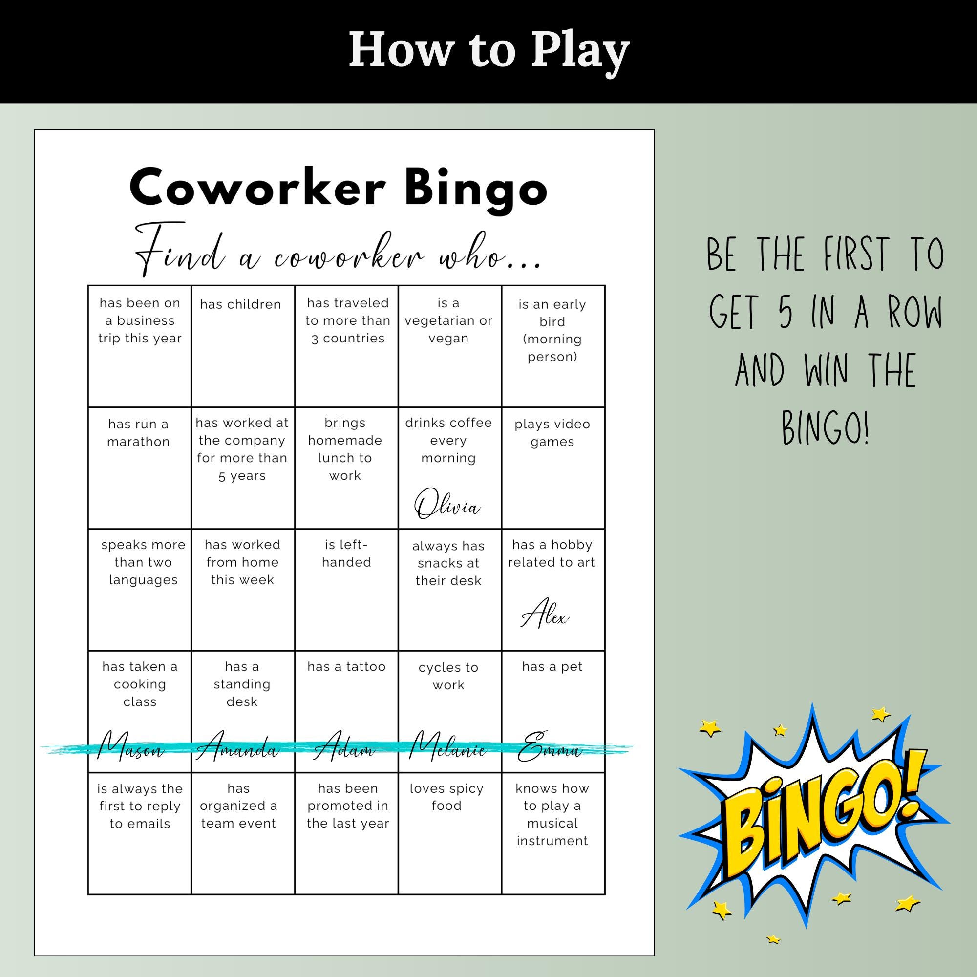 Coworker Bingo Editable Employee Bingo Game, Fun Getting to Know You ...