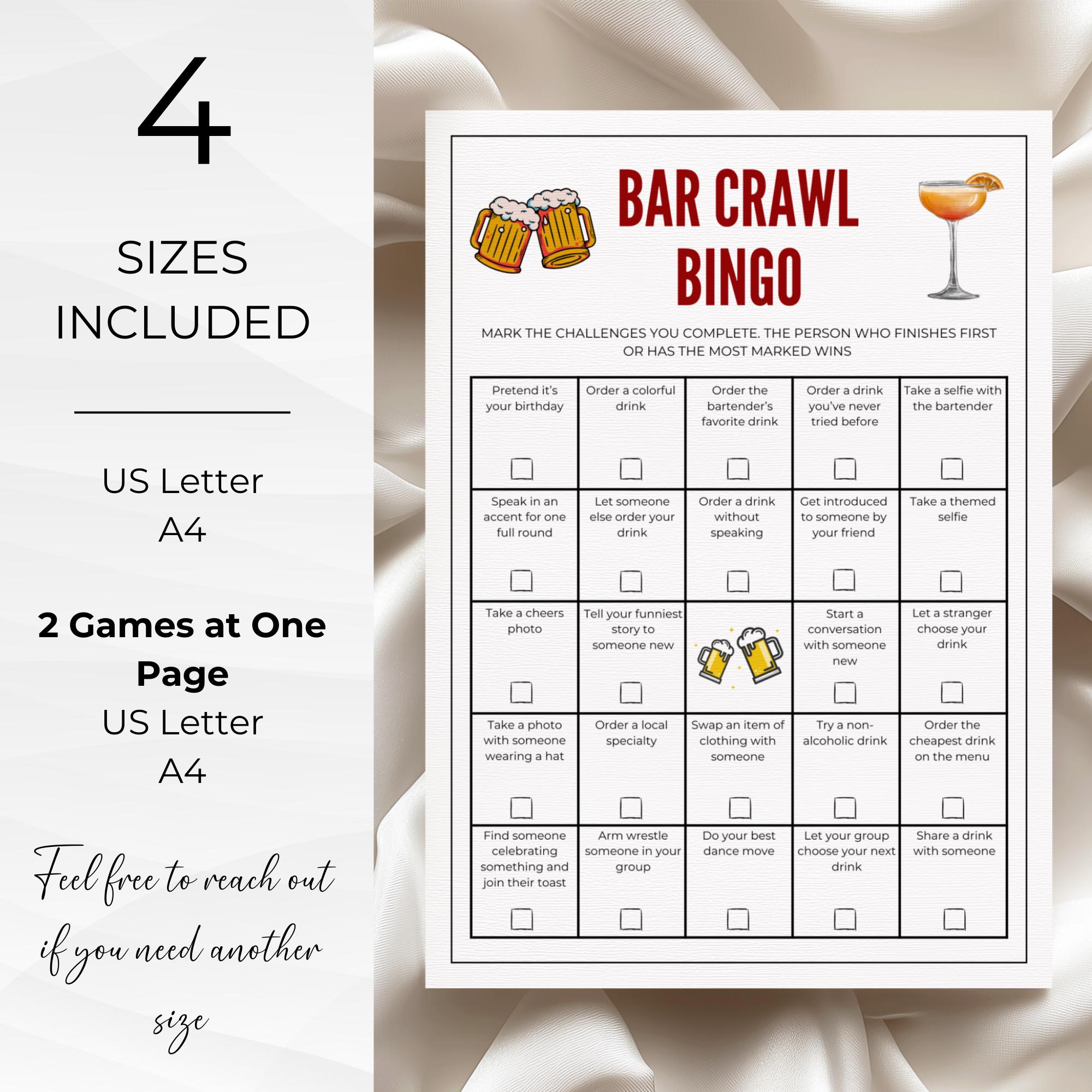 Bar Crawl Bingo Printable, Fun Bar & Pub Crawl Games, Bar Scavenger ...