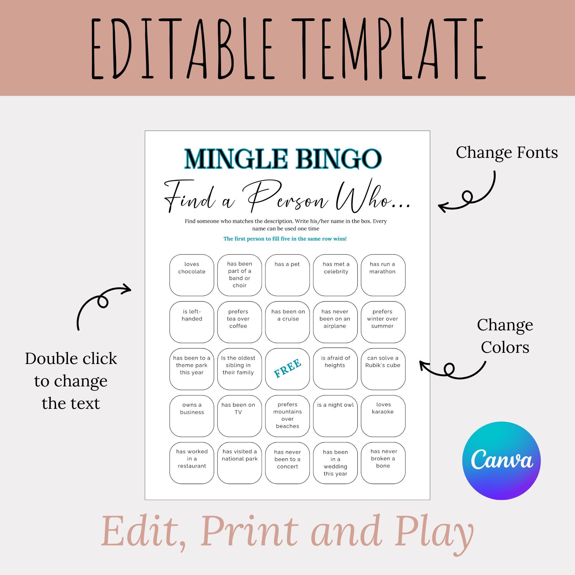 Mix and Mingle Bingo, Editable Get to Know You Questions, Find Someone ...