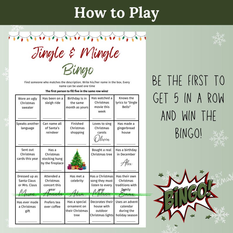 Jingle Mingle Bingo, Find Someone Who Ice Breaker Game, Mix and Mingle ...