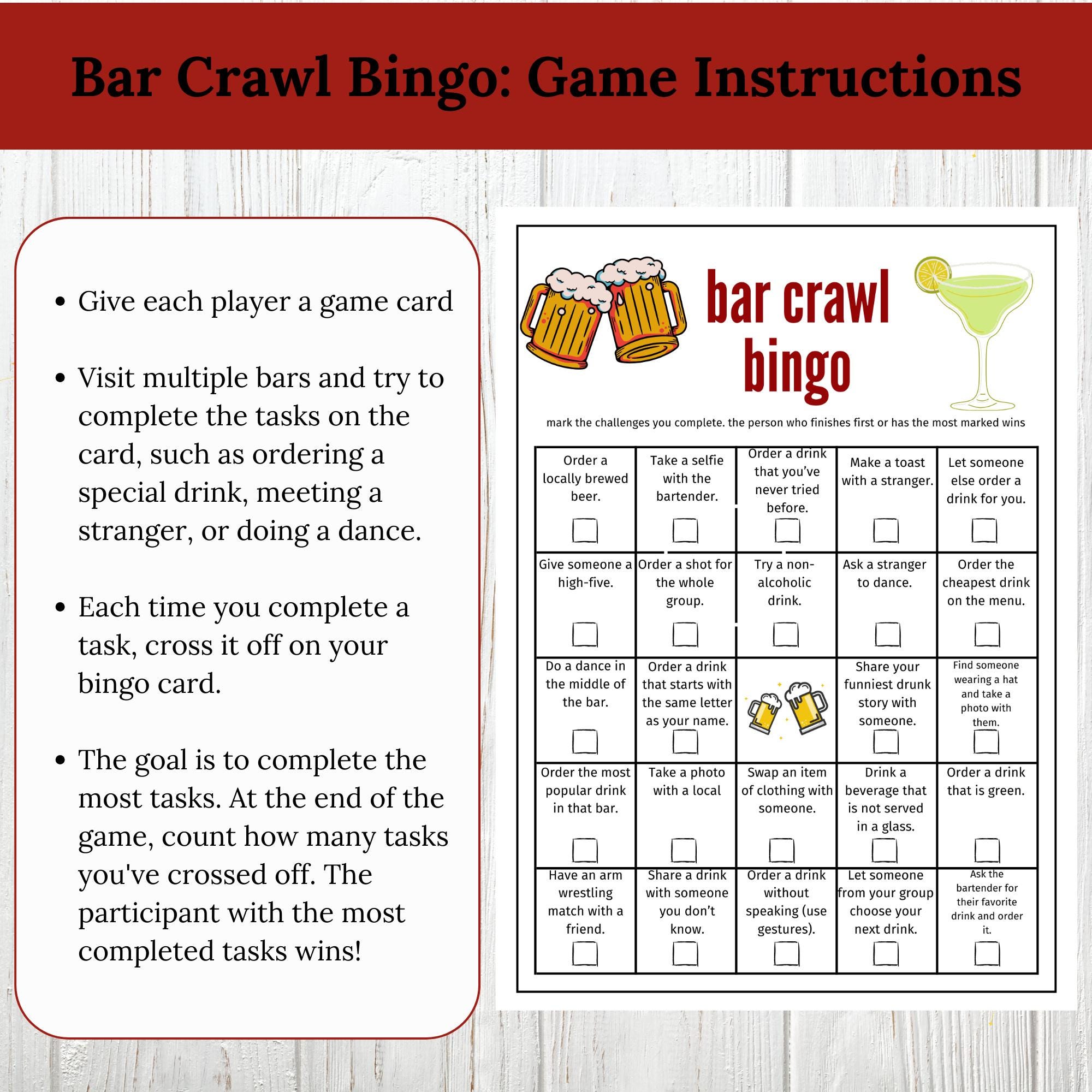 Bar Crawl Bingo Printable, Fun Bar & Pub Crawl Games, Bar Scavenger ...
