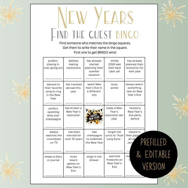 Editable Find the Guest New Year's Eve Bingo - Printable Mix and Mingle ...