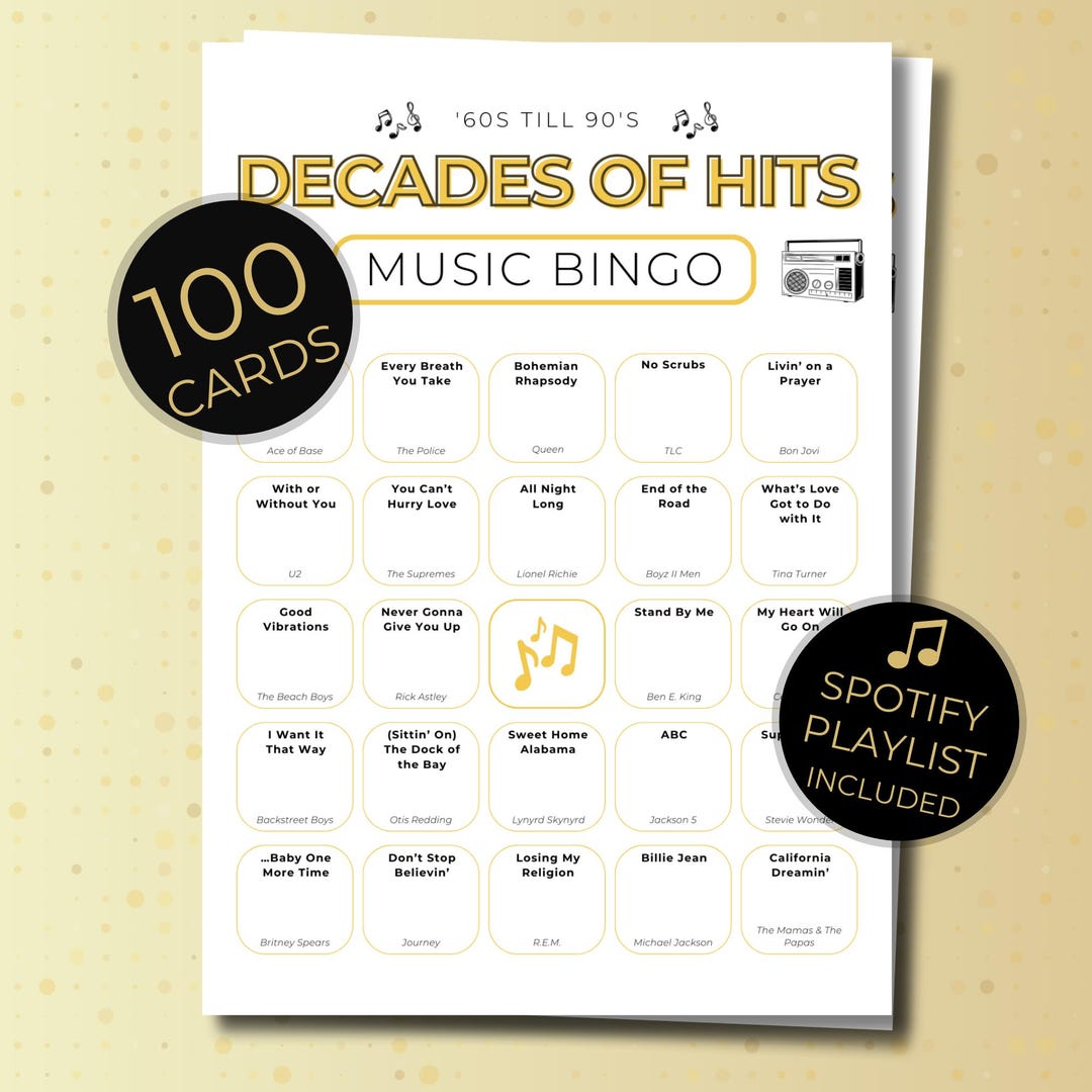 Decades of Hits Music Bingo, 100 Cards, Printable Music Bingo Game, 60s ...