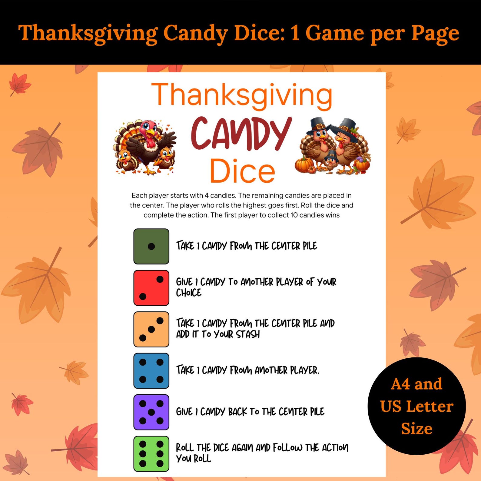 Thanksgiving Candy Dice Game Printable, Fun Family Thanksgiving Game ...