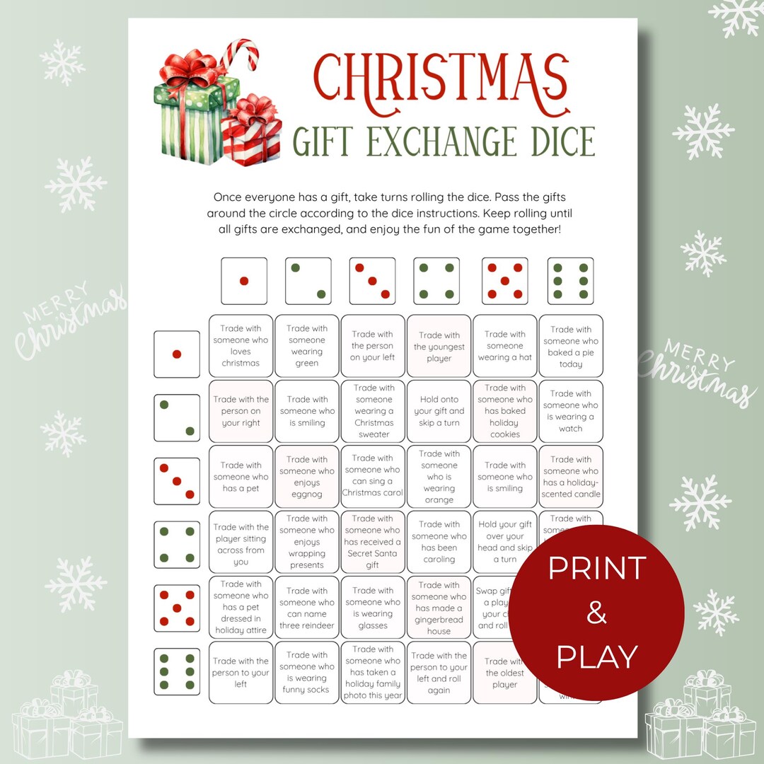 Christmas Gift Exchange Dice Game, Fun White Elephant & Xmas Family ...