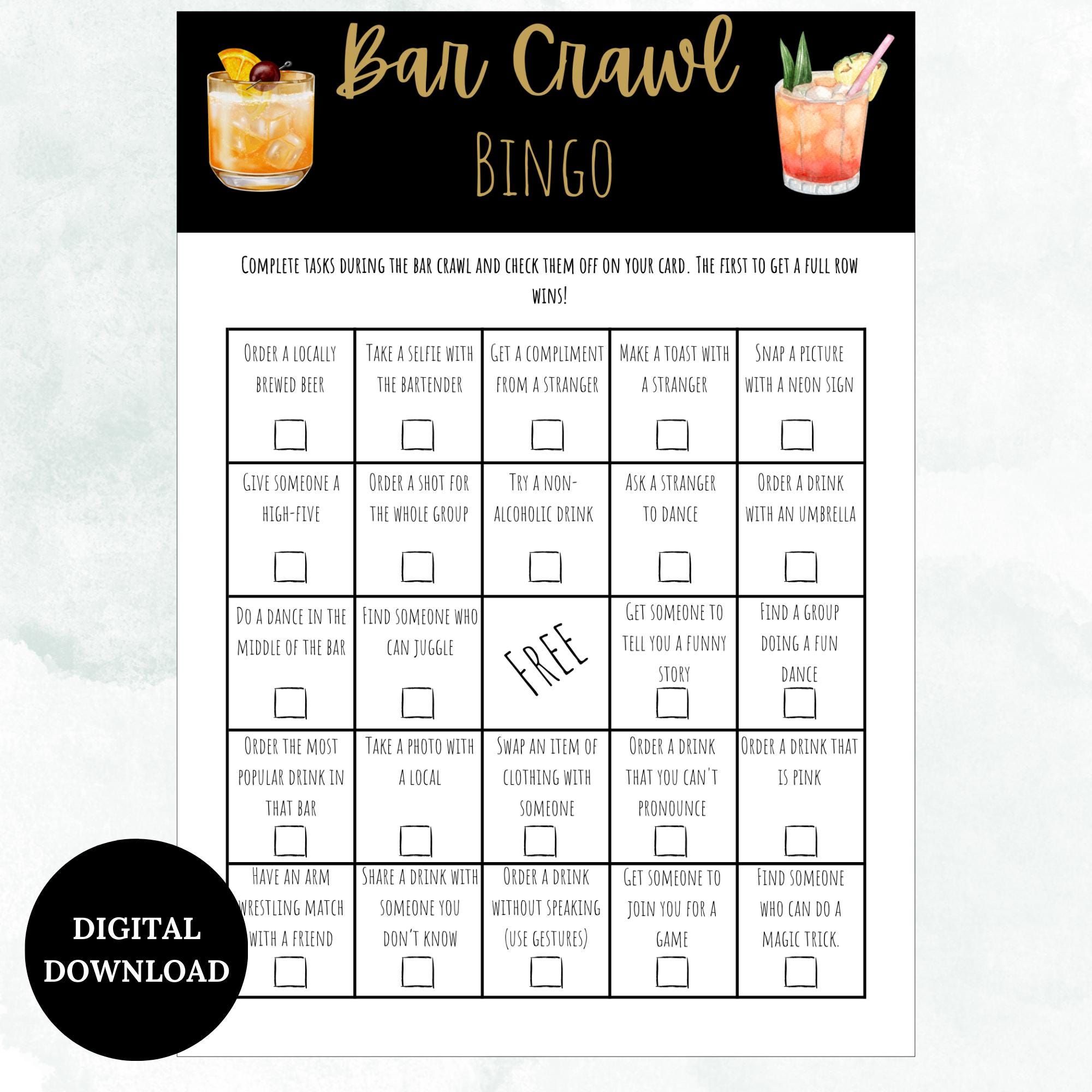 Bar Crawl Bingo | Fun Printable Game for Bachelorette Parties, Pub ...