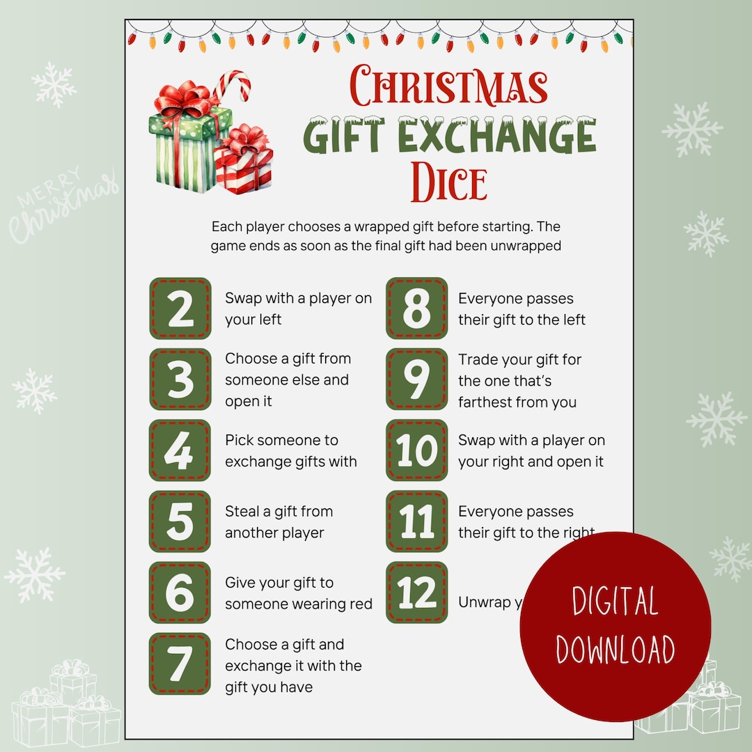 Christmas Gift Exchange Dice Game - Printable Pass the Present, White ...