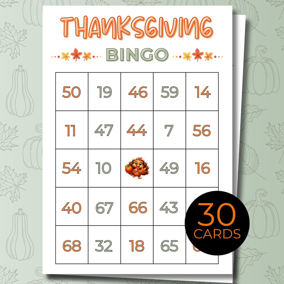 Thanksgiving Number Bingo, 30 Printable Cards, Fun Friendsgiving Game ...
