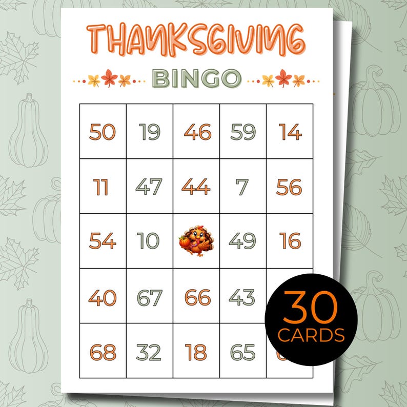 Thanksgiving Number Bingo, 30 Printable Cards, Fun Friendsgiving Game ...