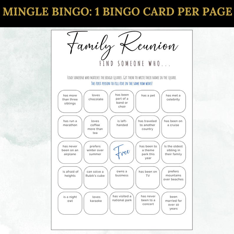 Family Reunion Bingo, Fun Family Games, Printable Bingo Cards, Find the ...