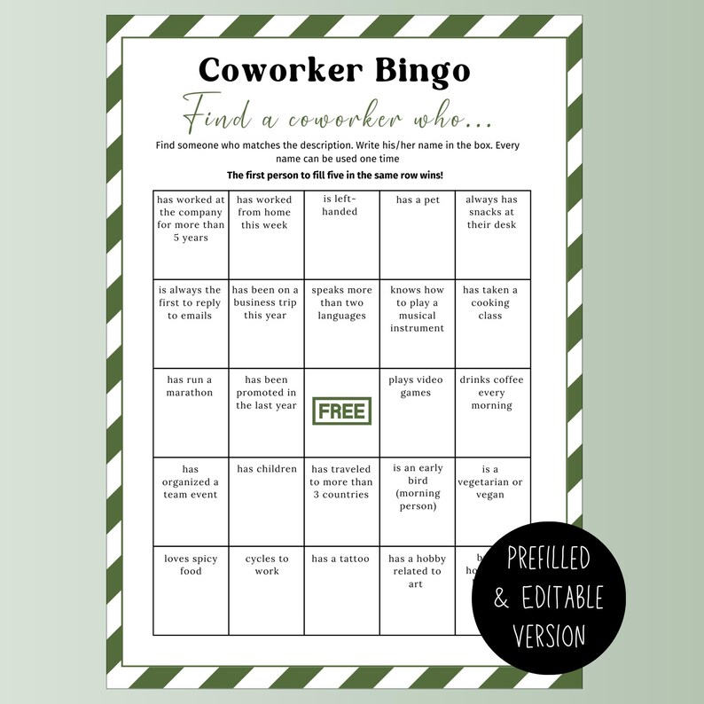 Coworker Bingo – Editable Employee Bingo Game, Getting to Know You ...