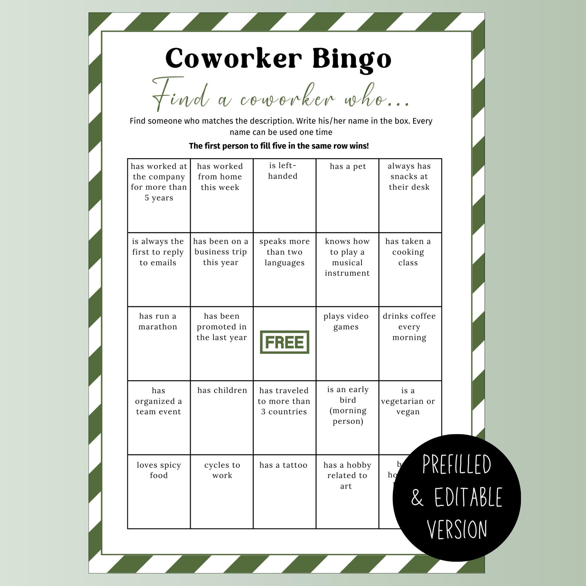Coworker Bingo – Editable Employee Bingo Game, Getting to Know You ...