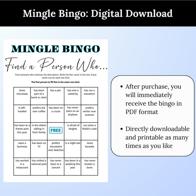 Mix and Mingle Bingo, Get to Know You Questions, Find Someone Who, Ice ...
