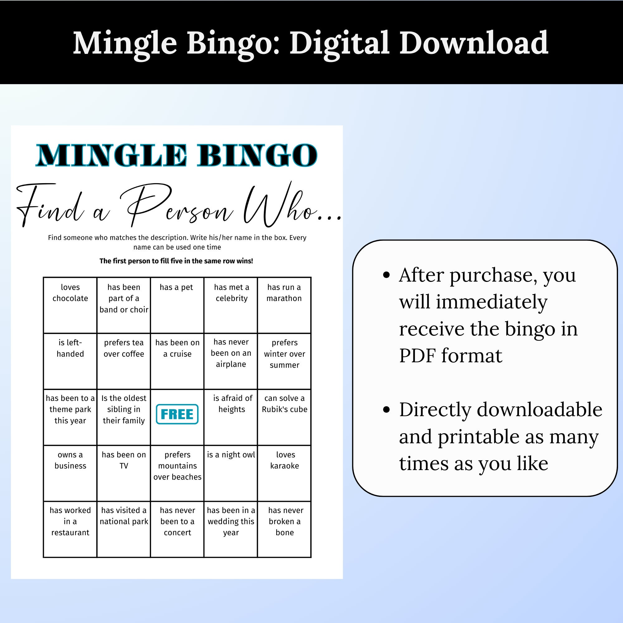 Mix and Mingle Bingo, Get to Know You Questions, Find Someone Who, Ice ...