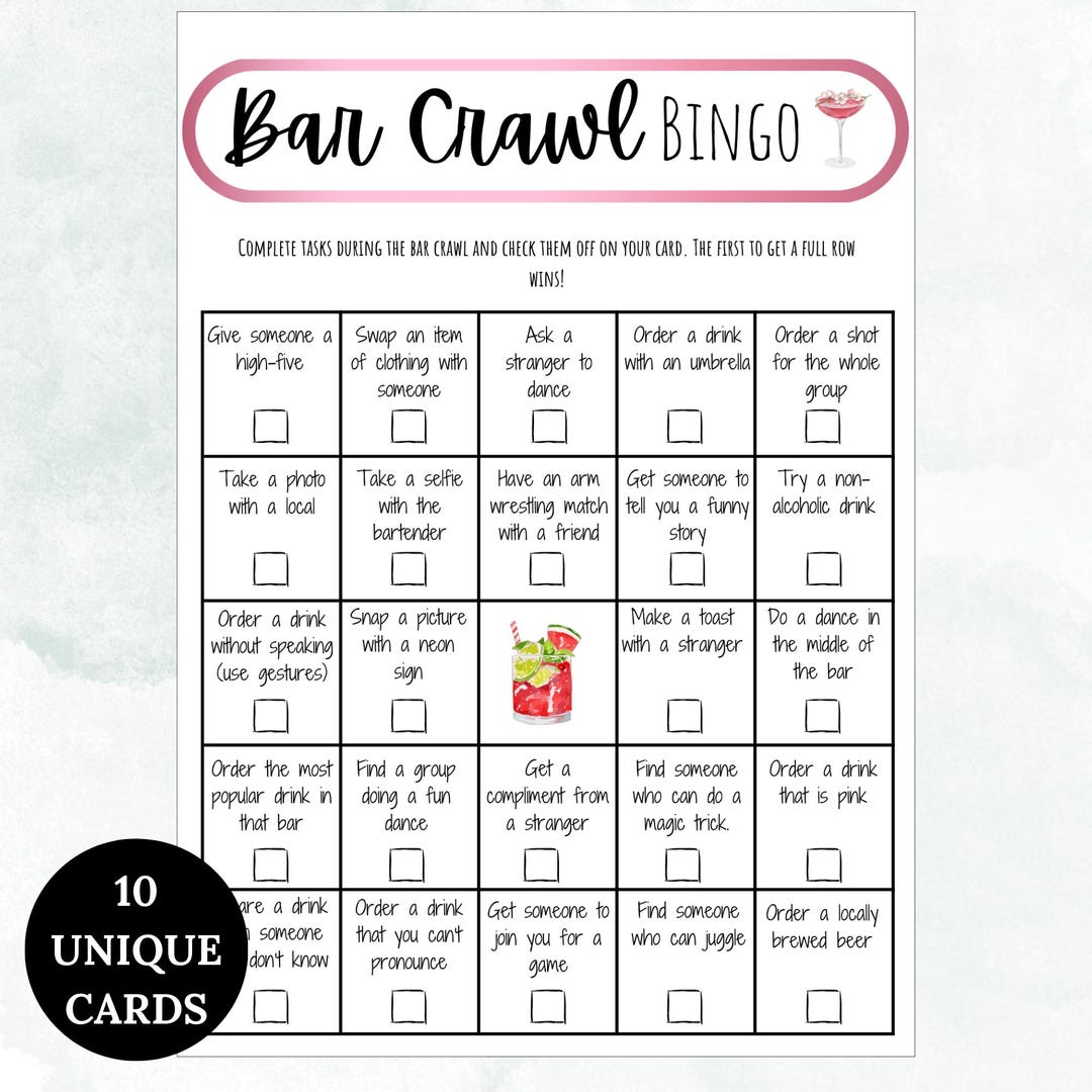 Bar Crawl Bingo, Fun Printable Bachelorette Game, 10 Unique Cards ...