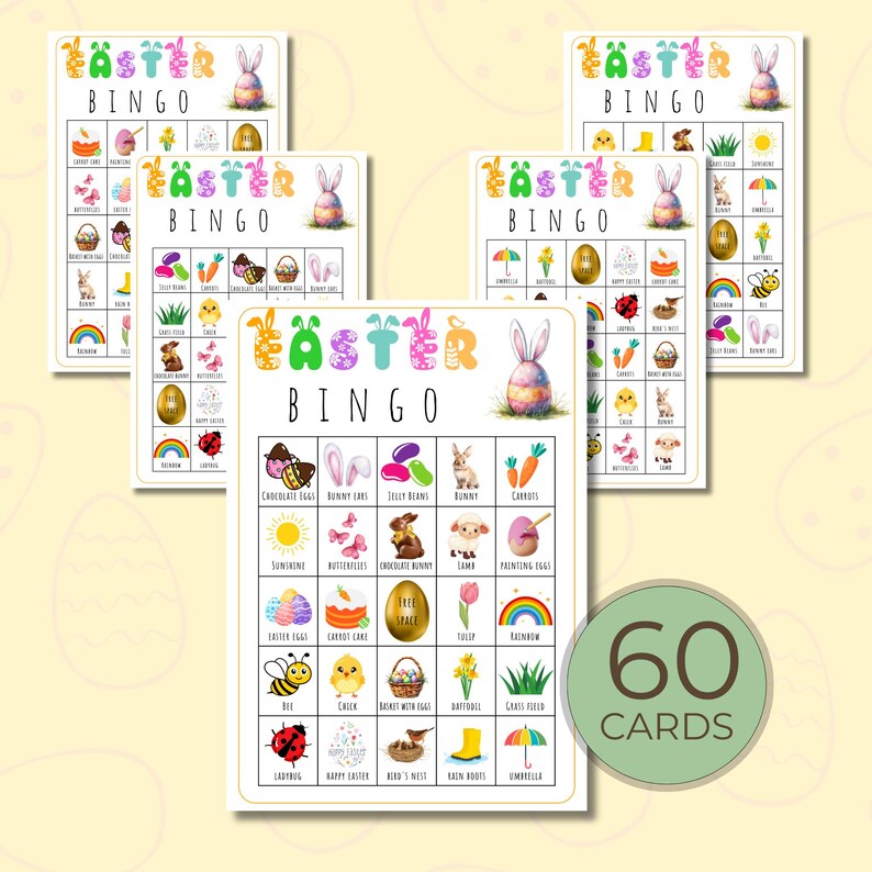 Easter Bingo Game, 60 Printable Cards for Kids, Fun Spring Activity ...