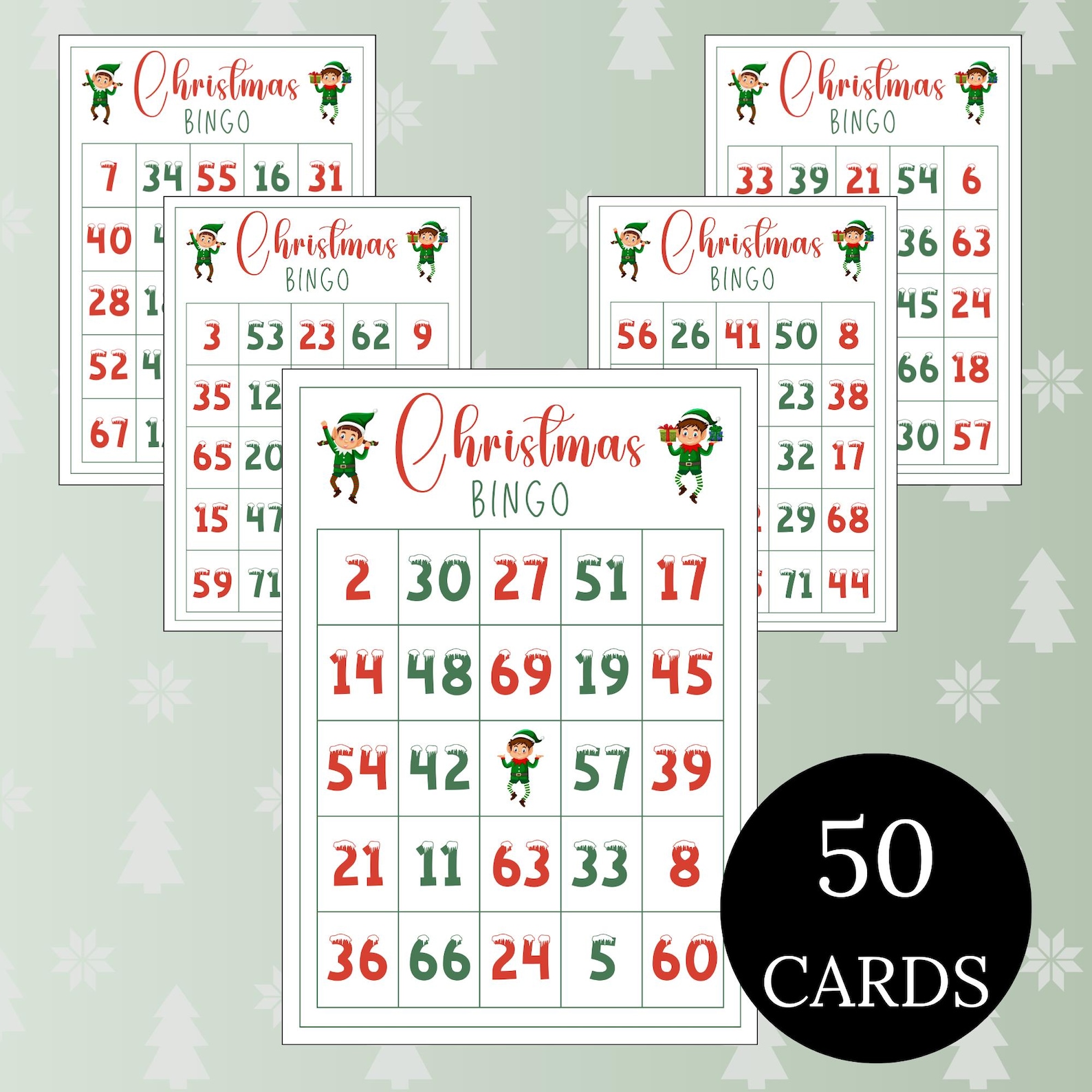 Christmas Number Bingo Printable, 50 Unique Bingo Cards for Xmas Family ...