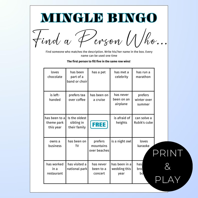 Mix and Mingle Bingo, Get to Know You Questions, Find Someone Who, Ice ...
