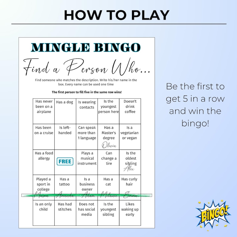 Mix and Mingle Bingo, Get to Know You Questions, Find Someone Who, Ice ...
