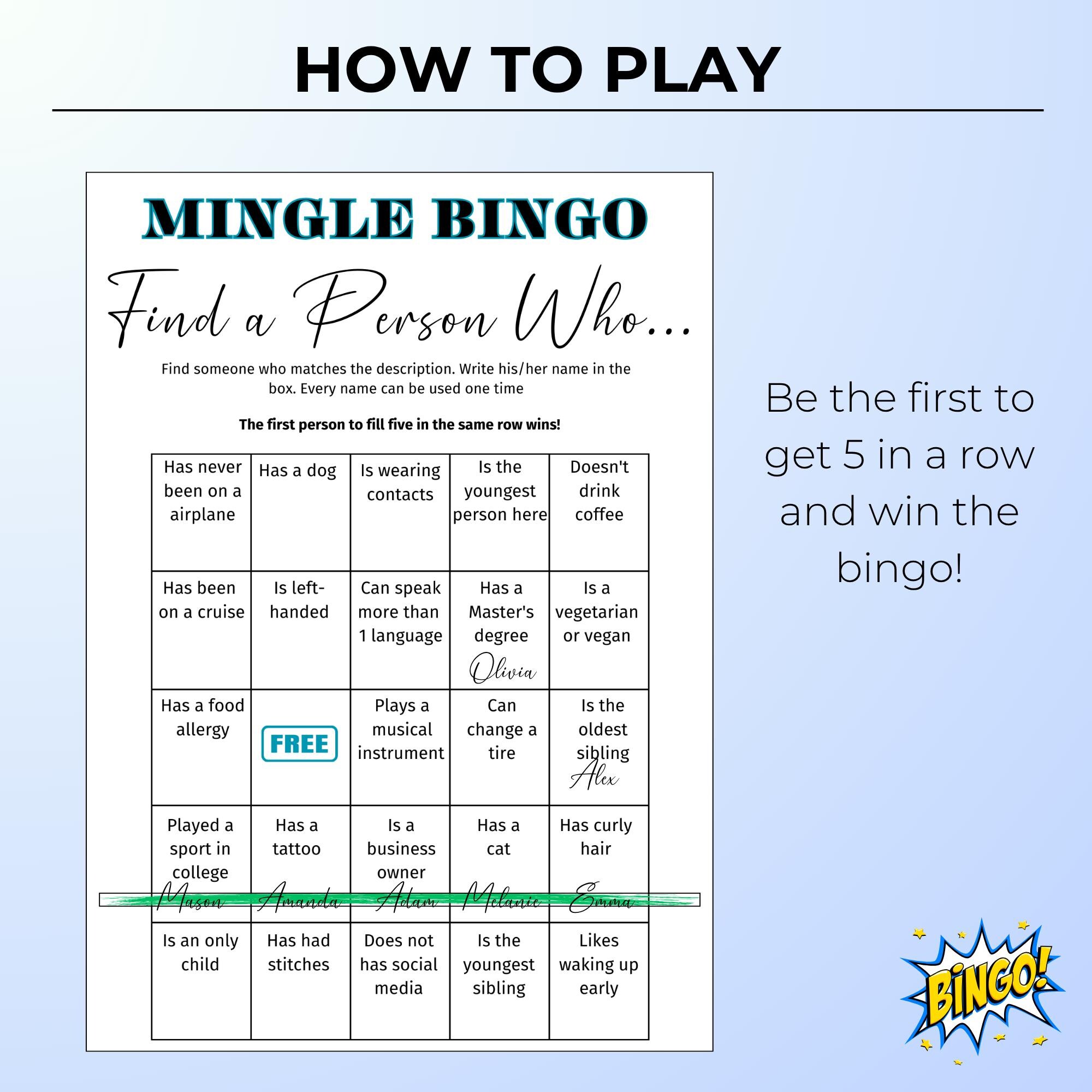 Mix and Mingle Bingo, Get to Know You Questions, Find Someone Who, Ice ...