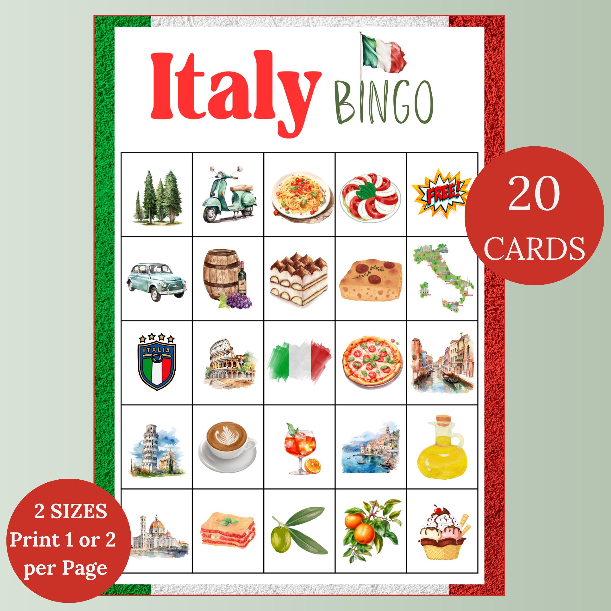 Italy Travel Bingo, 20 Printable Bingo Cards, Fun Family Game, Italian ...